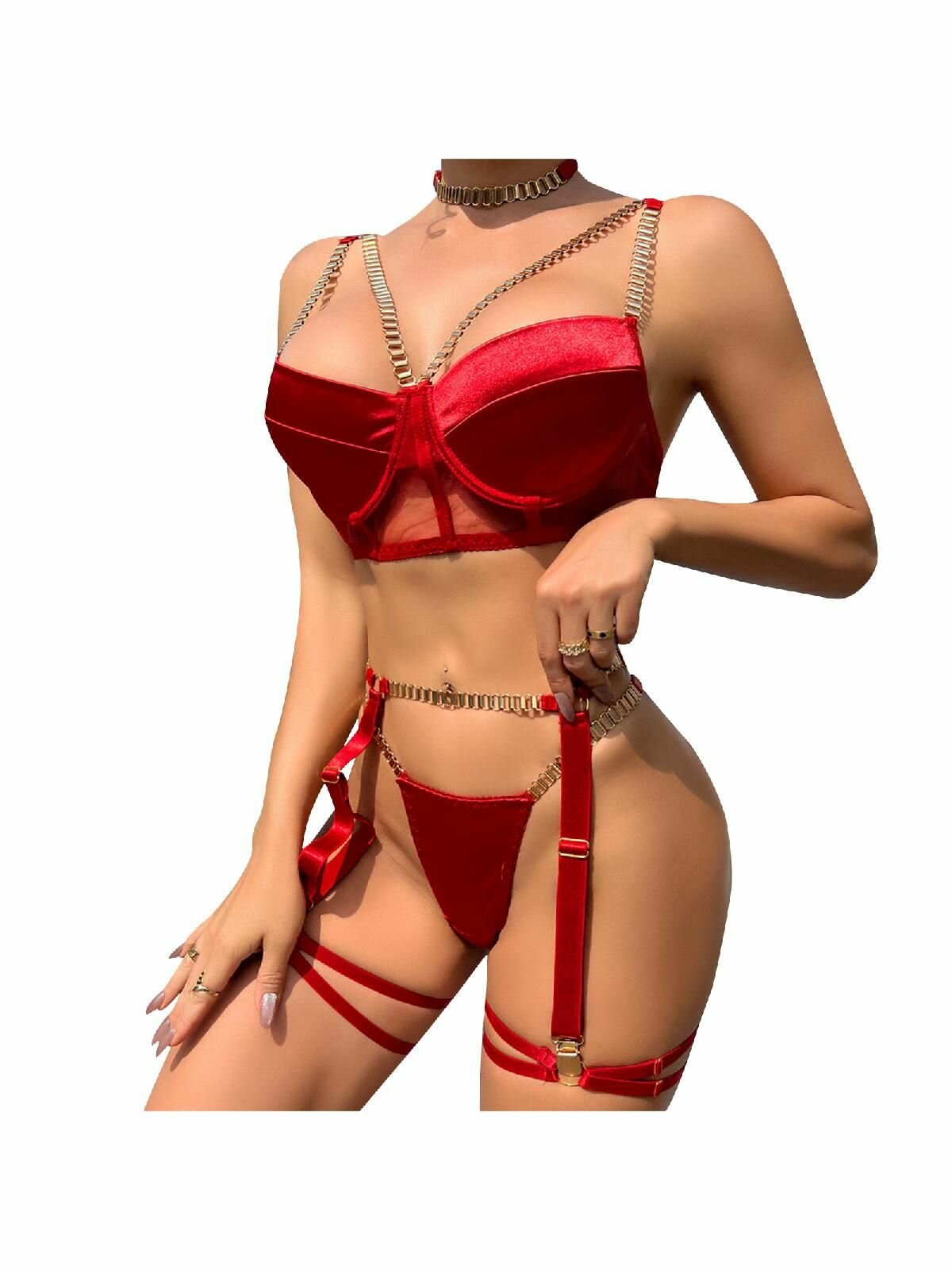 Комплект нижнего белья для женщин с подвязками, 5 предметов, сексуальный бюстгальтер и трусики, боди, красный - M