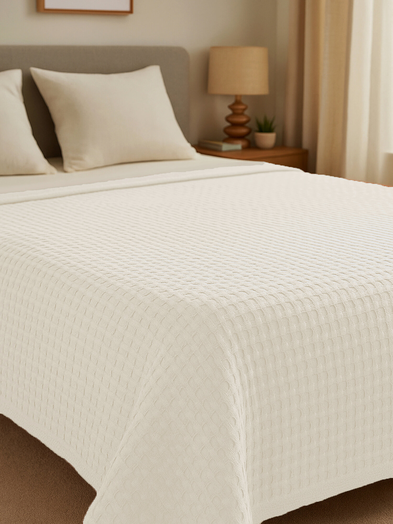 Плед на кровать 220х240 см 100% хлопок двухсторонний, кремовый