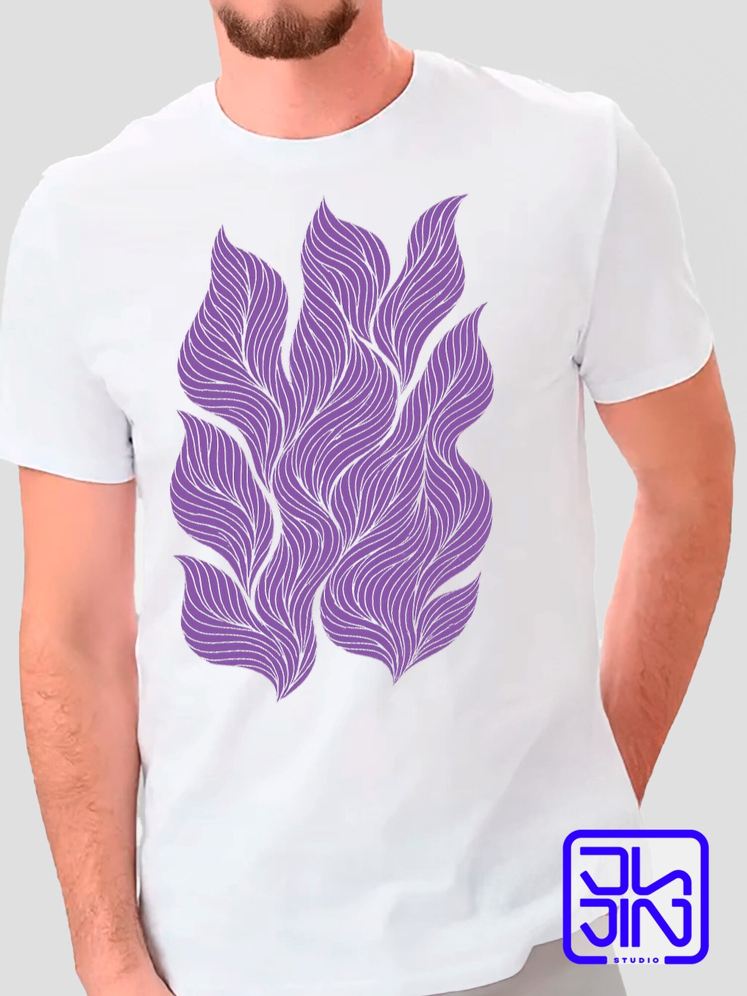 Футболка классическая мужская с авторским принтом Абстрактные фиолетовые листья с минималистичным пурпурным узором абстракции, белый хлопковый трикотаж с прикольным рисунком на груди
