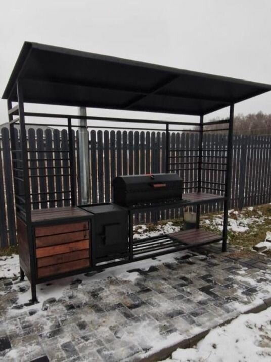 Мангальный комплекс №13 в стиле лофт с печью, жаровней и крышкой барбекю