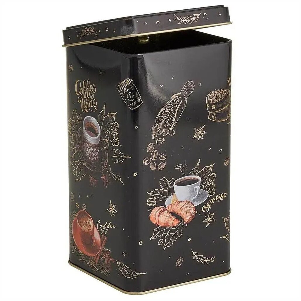 Банка жестяная для кофе с герметичной крышкой, черная, 8.7x8.7x16.5 см, дизайн «Coffee Time»