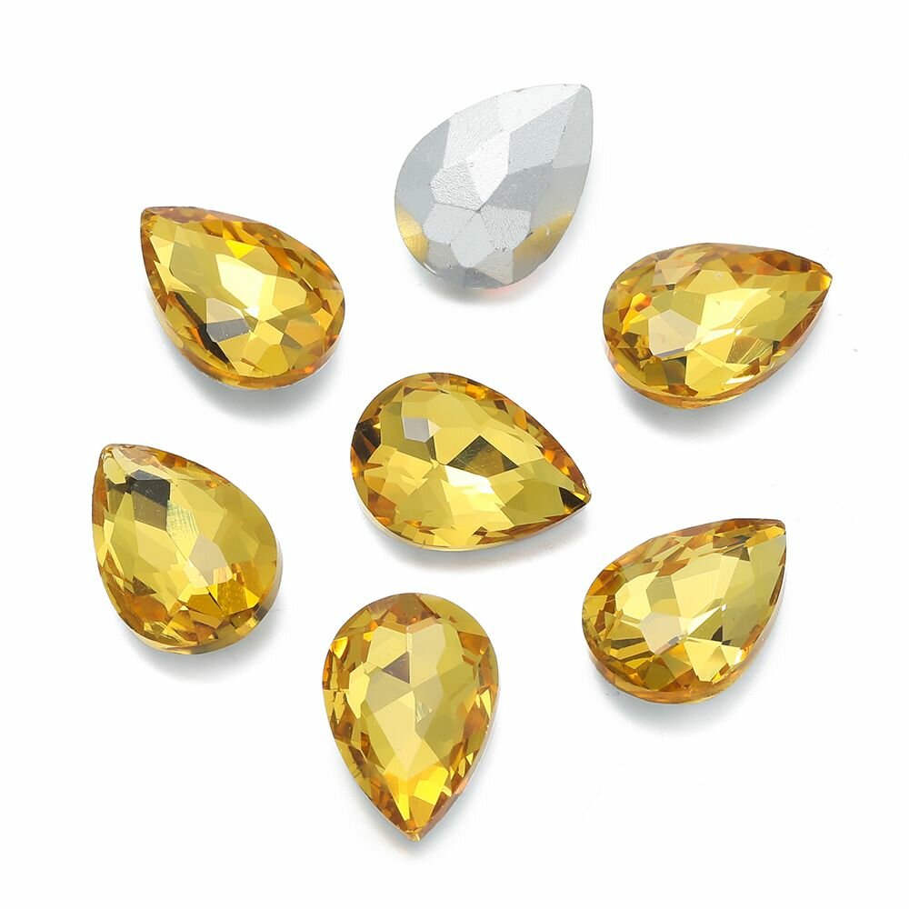 Жёлтые стеклянные кристаллы для рукоделия, капля 14х10 мм, 10 шт, яркие декоративные стразы для украшений, бижутерии и творчества
