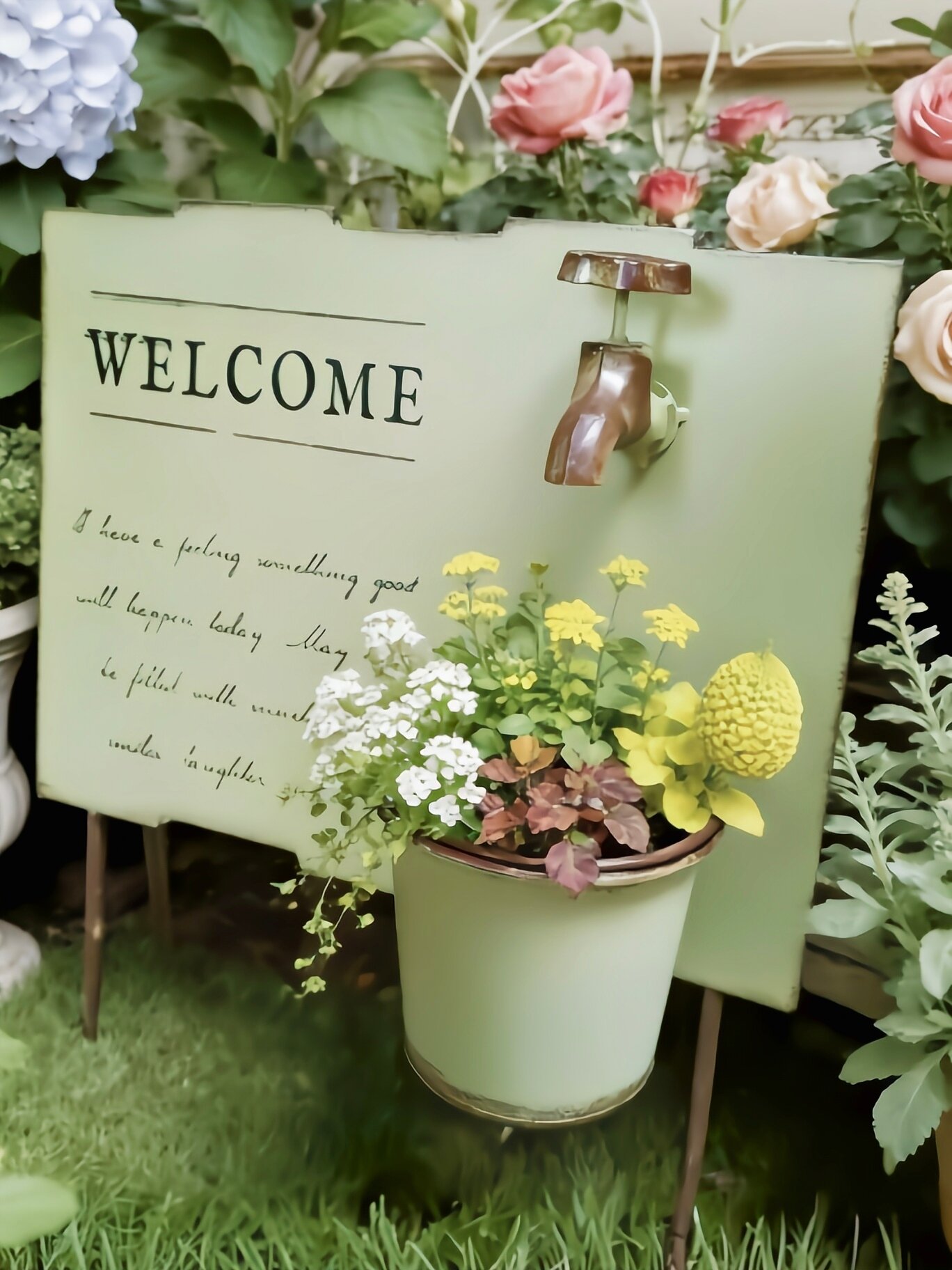 Декоративная садовая табличка Welcome с ведром, ретро зелёная, кованое железо, кашпо для цветов