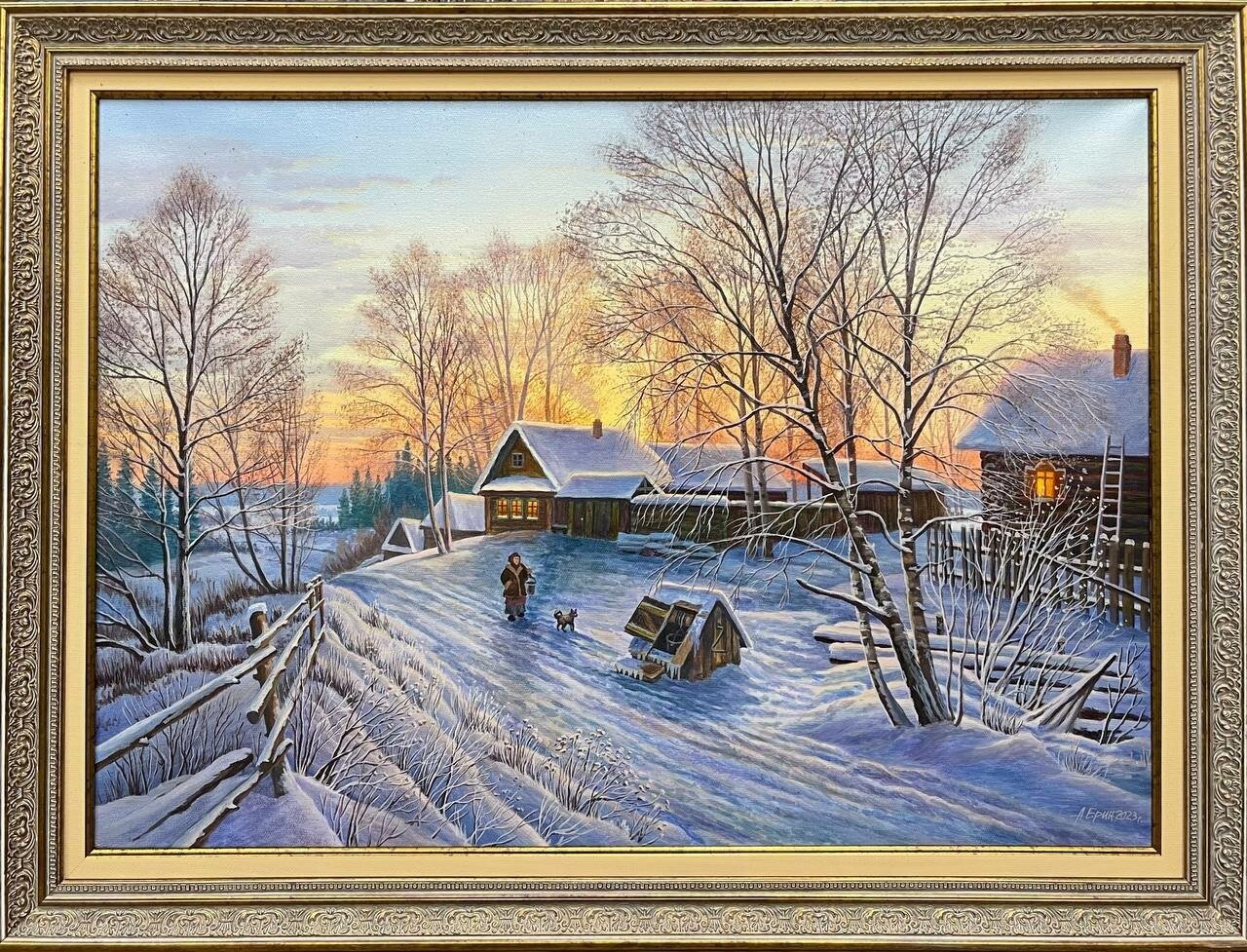Картина маслом, зимний пейзаж "Вечер в деревне"
