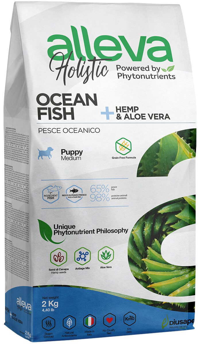 ALLEVA HOLISTIC PUPPY MEDIUM OCEAN FISH безз д щенков средн пор с океан рыбой, коноплей и алоэ вера 2 кг