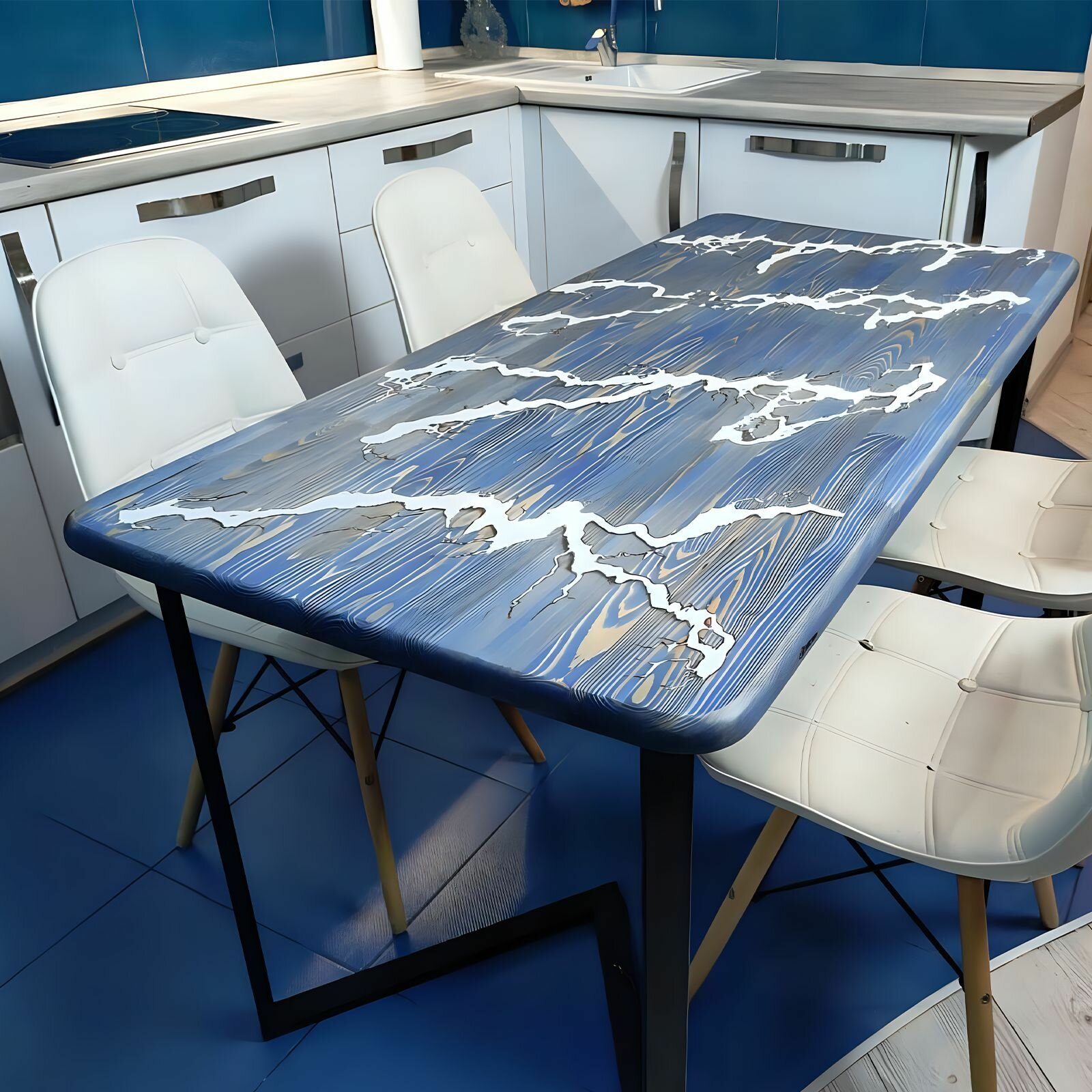 Обеденный стол 150 светло-синий с белыми молниями