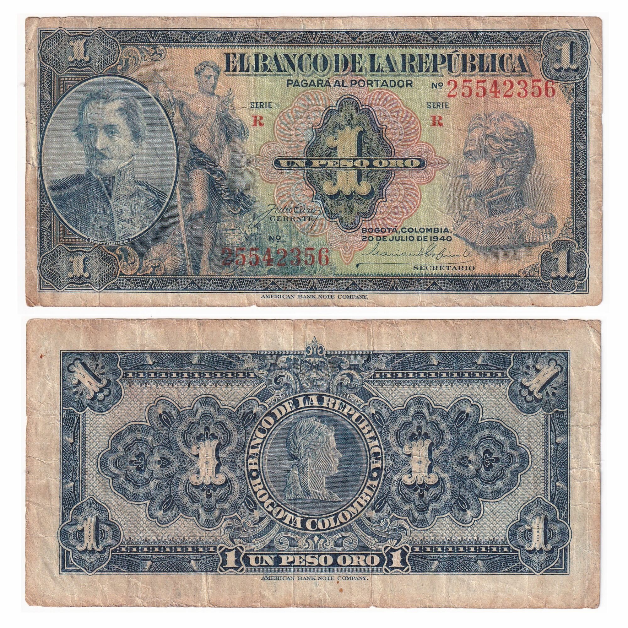 Банкнота Колумбия 1 песо 1940 год Fine (F) Pick 380b