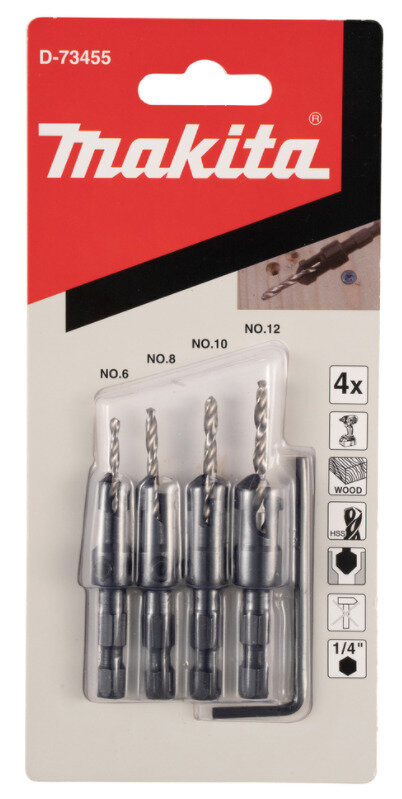 Набор сверл по дереву с зенкером 6-8-10-12мм Makita D-73455