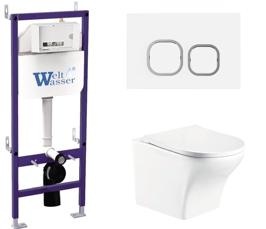Унитаз подвесной WeltWasser BAMBERG 460+ODENBACH 004 GL-WT+BAMBERG WT белый глянцевый, безободковый, с крышкой микролифт, с инсталляцией и белой кнопкой