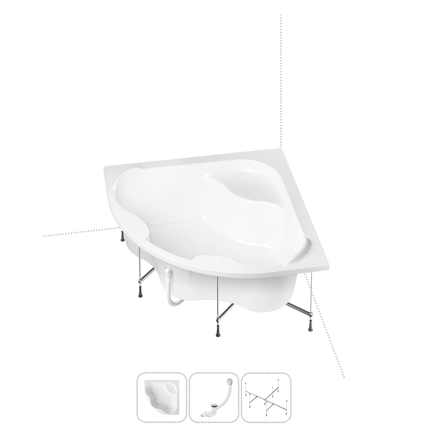 Угловая ванна акриловая 140 x 140 с каркасом Lavinia Boho Aveo 202010951 в наборе 3 в 1: акриловая ванна, слив-перелив, каркас