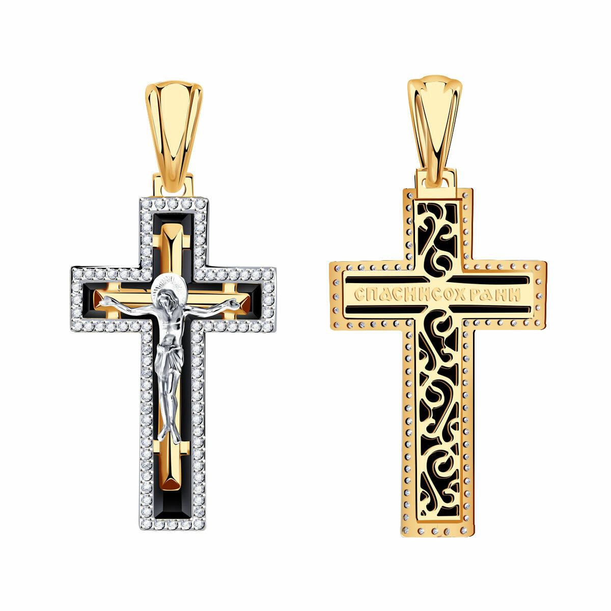 Крестик, красное золото, 585 проба, фианит, оникс