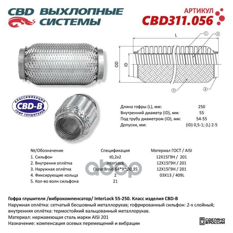 Гофра глушителя 3х-сл InterLock 55-250. CBD311.056 CBD арт. CBD311056