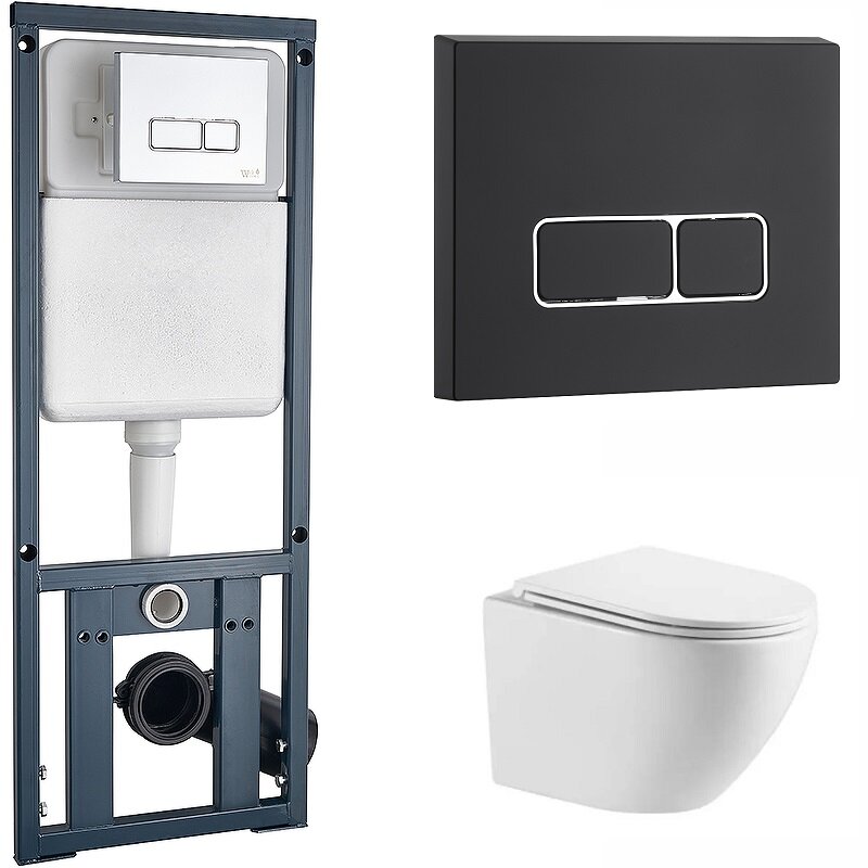 Унитаз подвесной WeltWasser MARBERG 410+MERZBACH 043 XL GL-WT+MAR 410 SE MT-BL белый/кнопка черная матовая, безободковый, с крышкой микролифт, с инсталляцией, слив торнадо