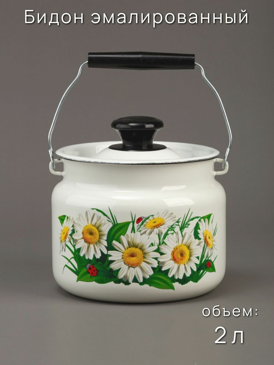 Бидон эмалированный 2 л белый с рисунком Ромашки