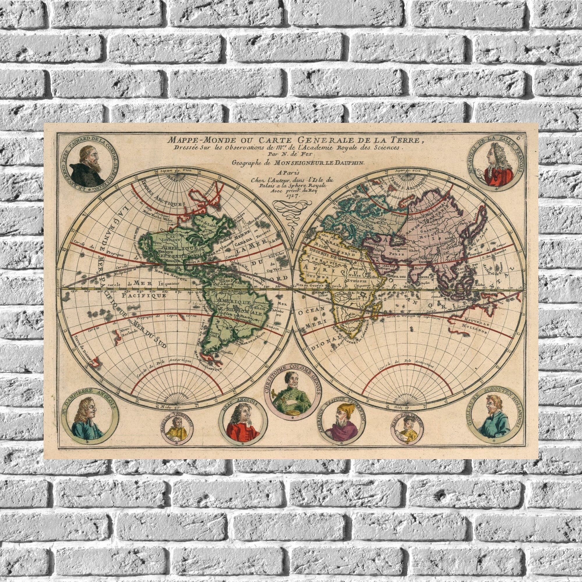 Старинная, 1717 года карта Mappe-Monde ou Carte Generale de la Terre.