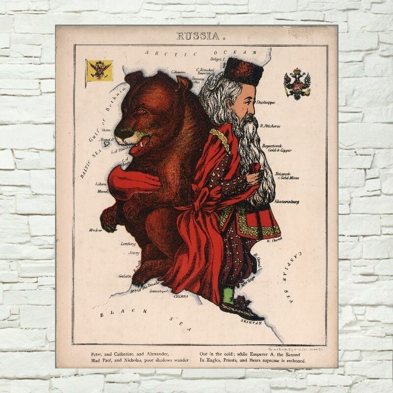 Карта карикатурная Россия (Russia). Репринт карты 1868 года.