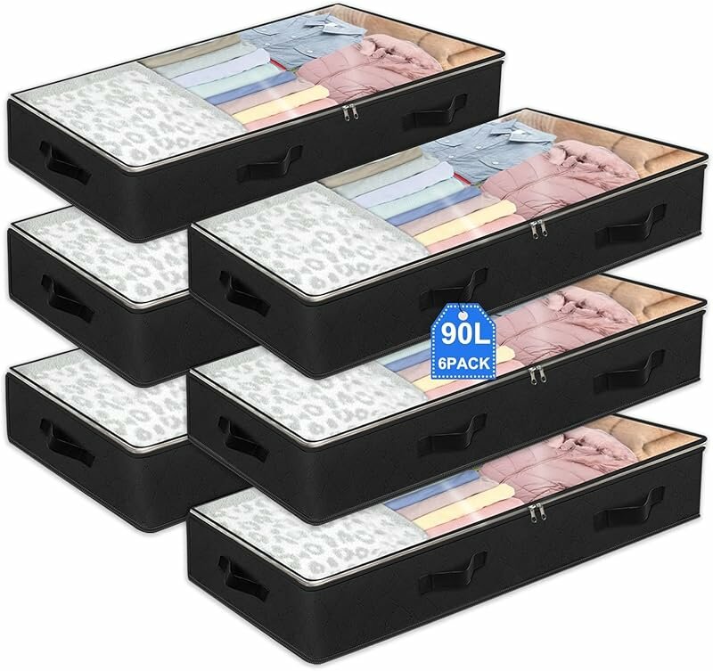 6 упаковки контейнеров для хранения под кроватью, 90 л，100X50X15CM