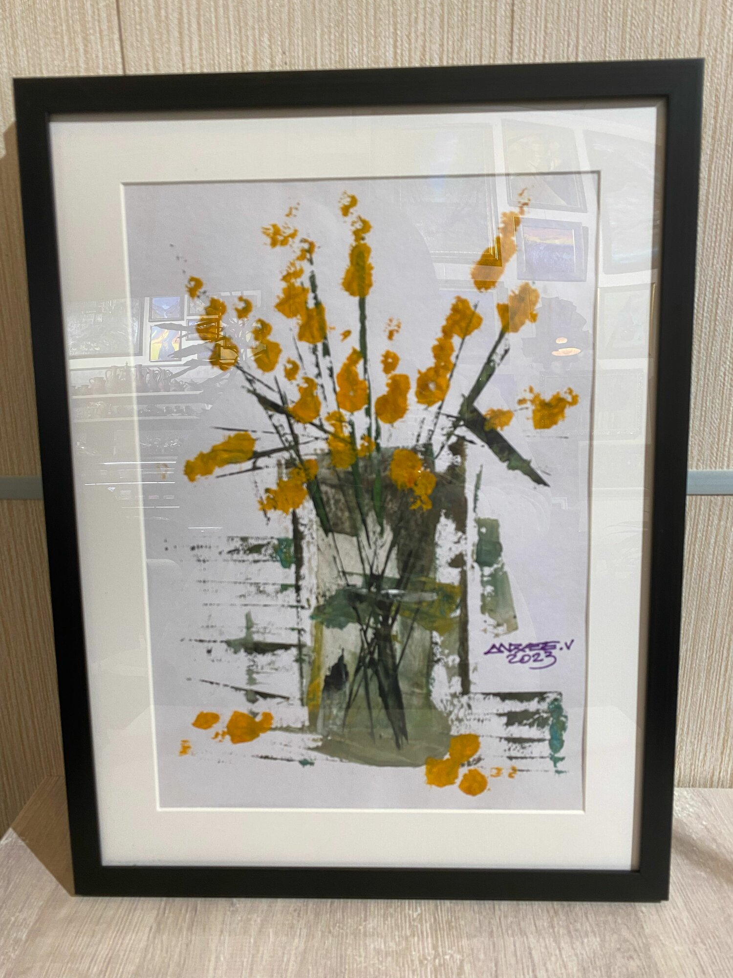 Картина в раме. Мимоза в банке. 40/50. Акварель.