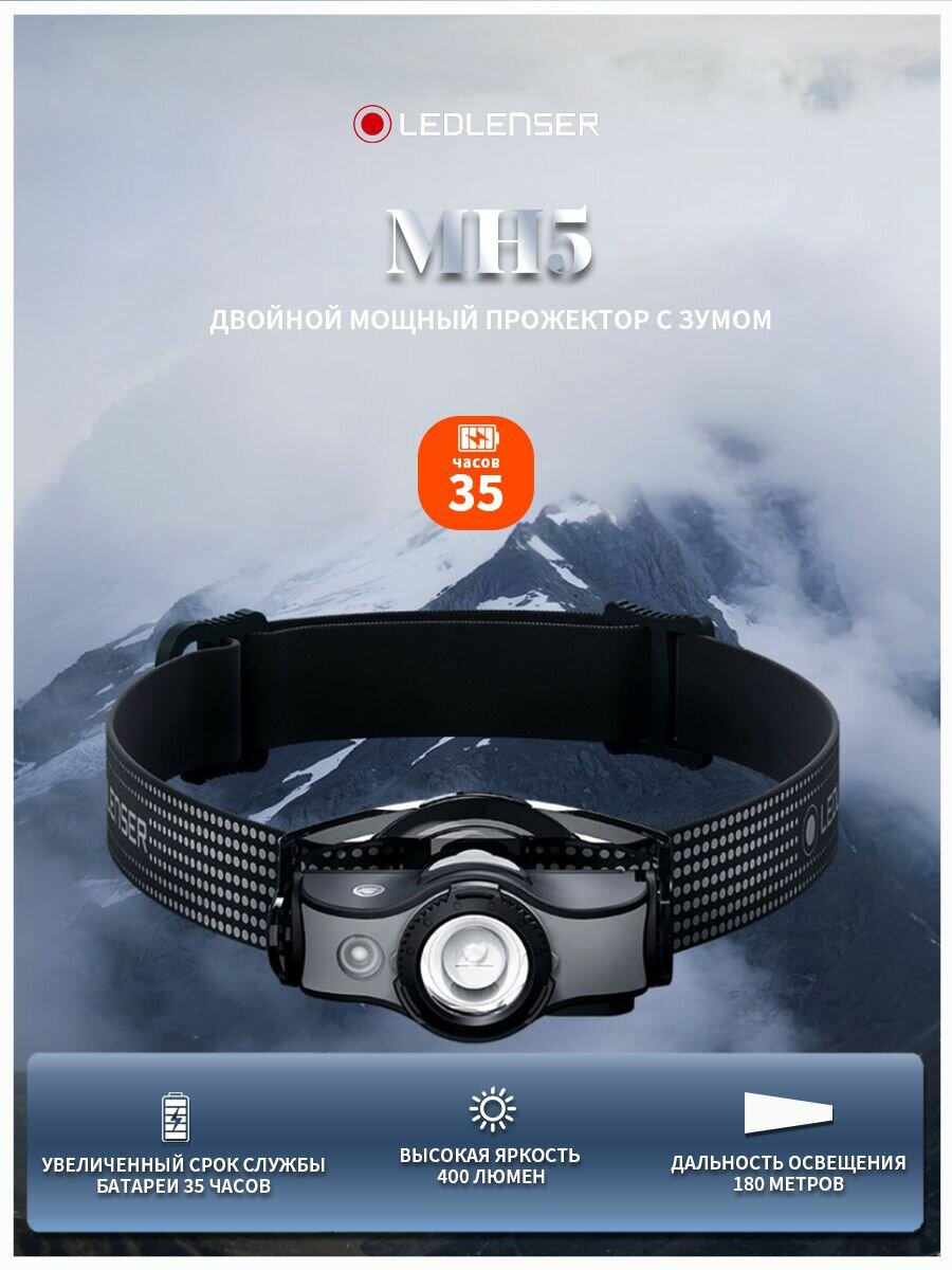 Налобный фонарь LED Lenser MH5 с высокоинтенсивным лучом для ночной и береговой рыбалки