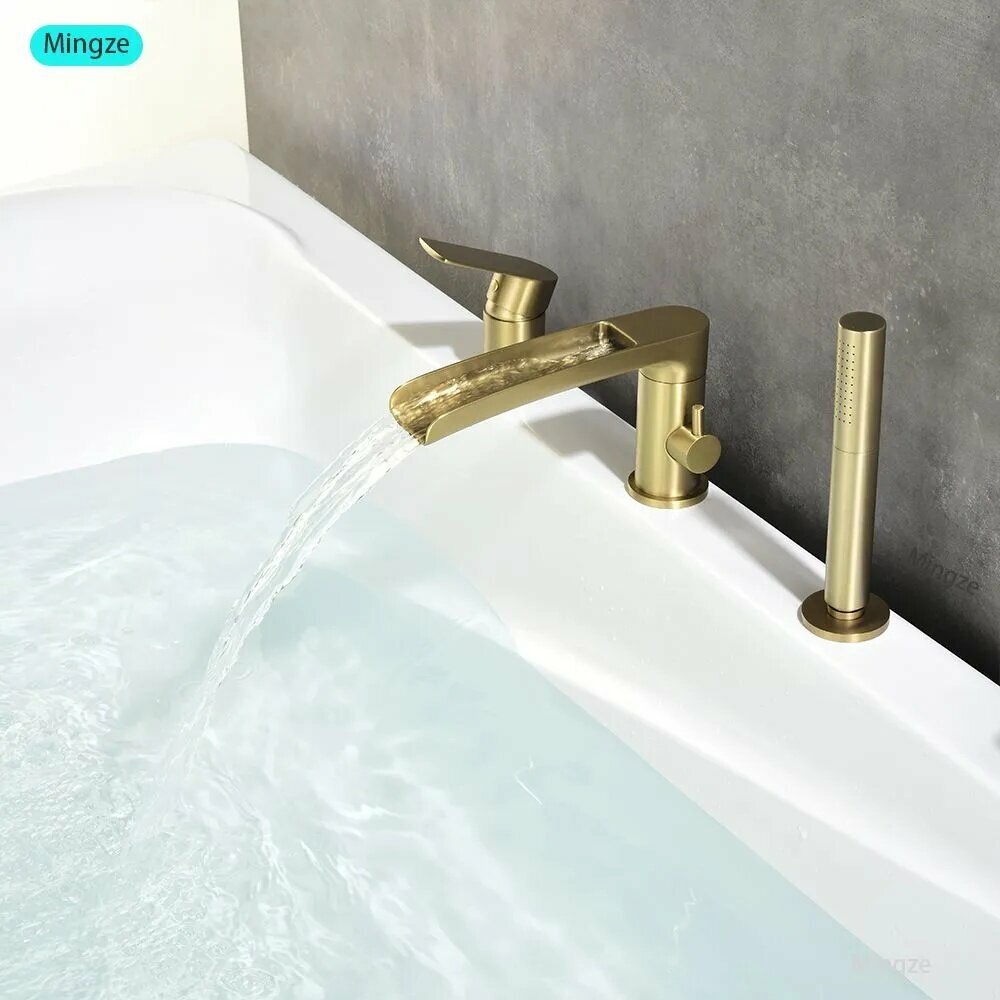 Смеситель на борт ванны врезной на 3 отверстия /режим водопада /с двухфункциональной ручной насадкой/с выдвижным шлангом длиной 150 см, MINGZE-M033J, золотой/латунь