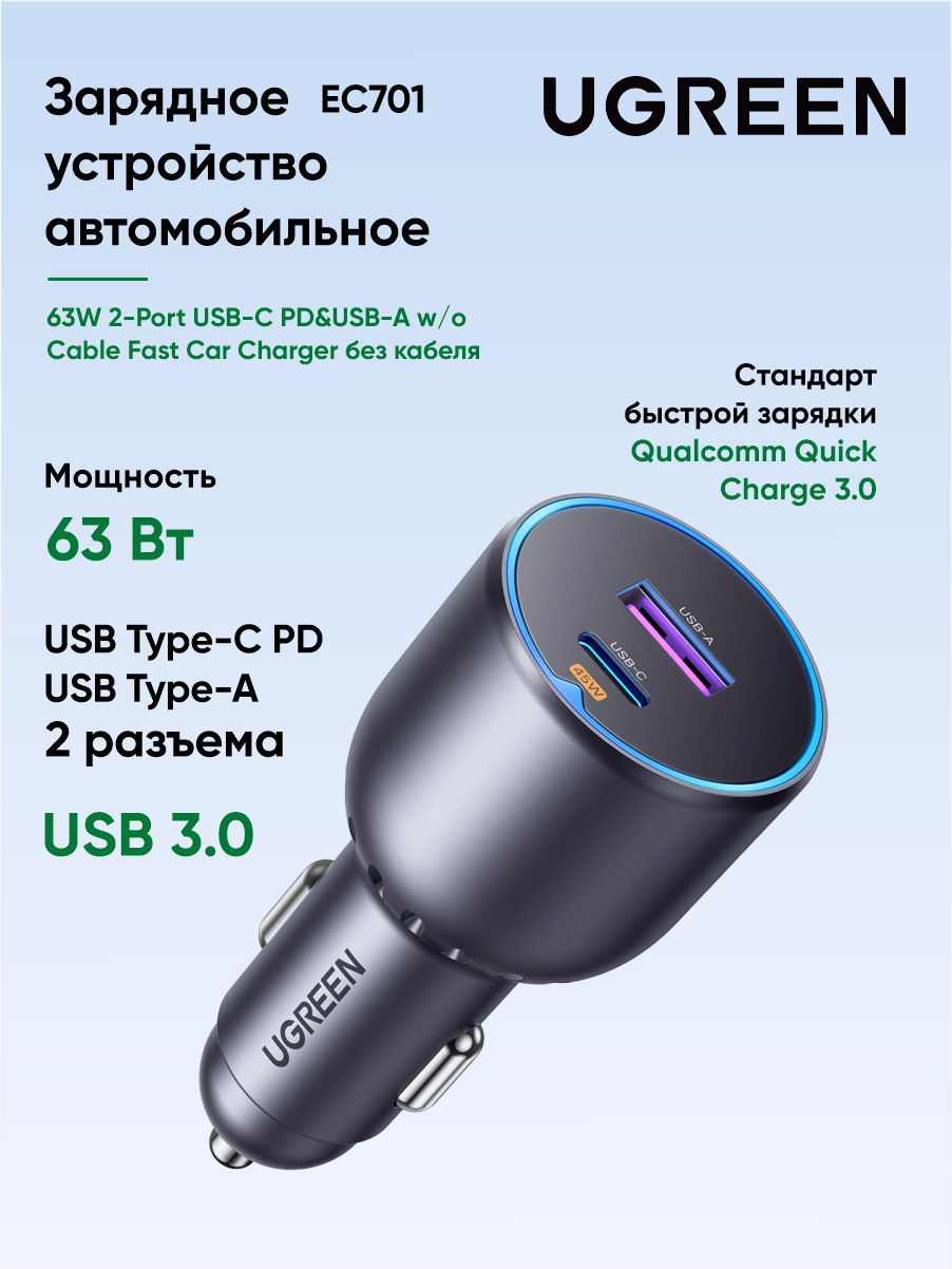 Автомобильное зарядное устройство UGREEN EC701 (35023) 63W 2-Port USB-C PD&USB-A w/o без кабеля