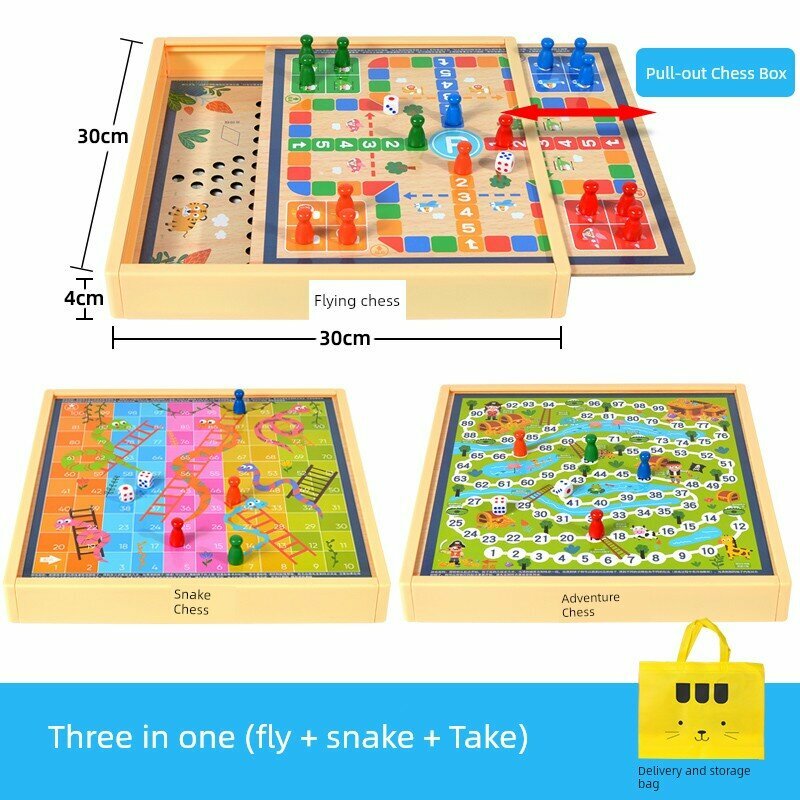 Набор деревянных настольных игр 3 в 1 Fly Snake, обучающая головоломка для детей, классические шашки
