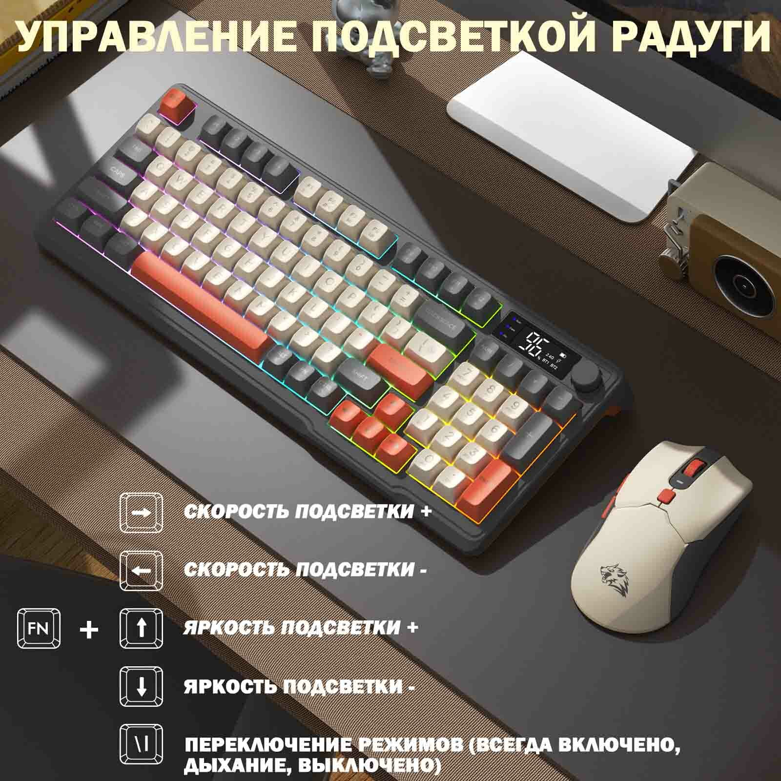 Беспроводной игровой комплект клавиатуры и мыши FREEWOLF T96 с радужной подсветкой, дисплеем, стилусом и двумя режимами подключения BT/2.4G, мышь с разрешением 4000 DPI