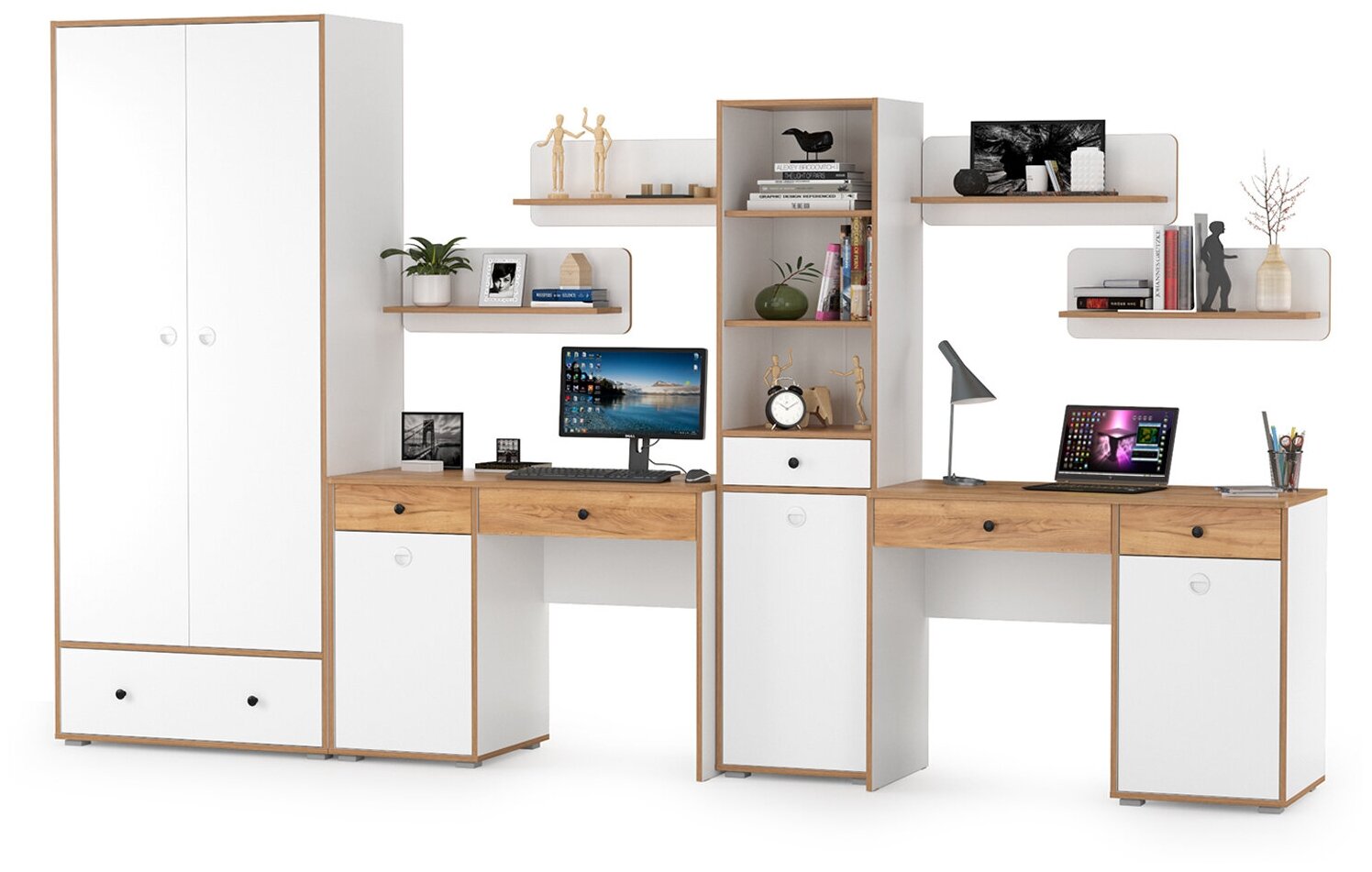 Набор мебели для молодёжной комнаты для двоих детей Вуди № 31, цвет белый премиум/дуб крафт золотой 351х52,7х205 см.