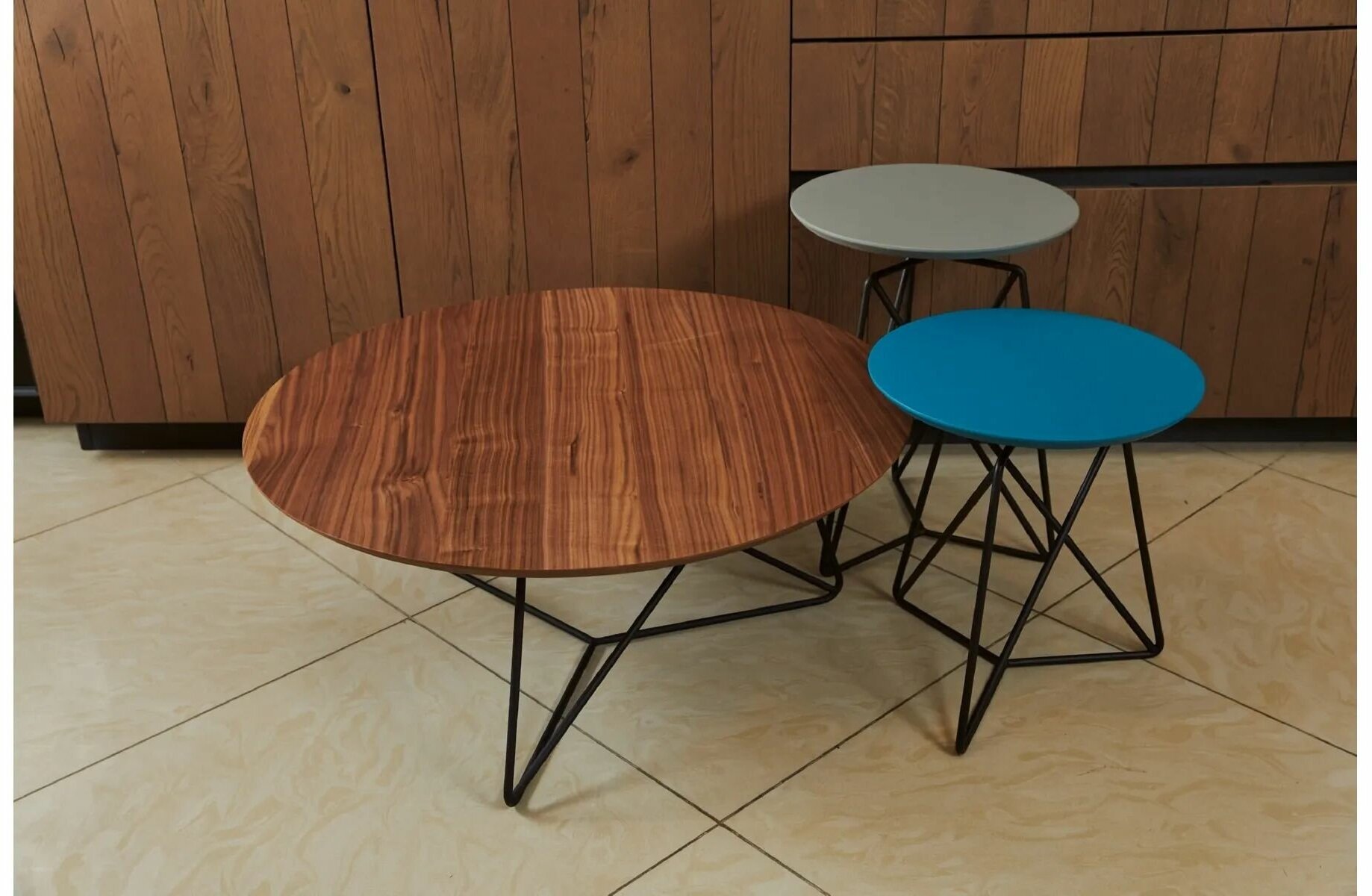 Журнальные столики Homage Solo комплект, МДФ, голубой, коричневый, серый, 80x80x36 см, 37x37x51 см, 37x37x41 см