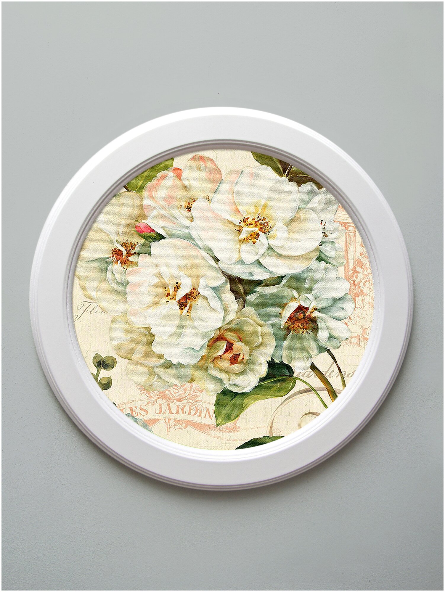 Картина на натуральном холсте в круглой деревянной раме "Цветы прованса", диаметр 37 см