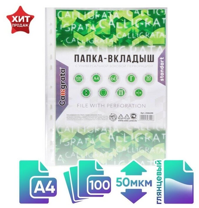 Файл-вкладыш А4, 50 мкм, Calligrata "Люкс", глянцевый, вертикальный, 100 штук, 2506299