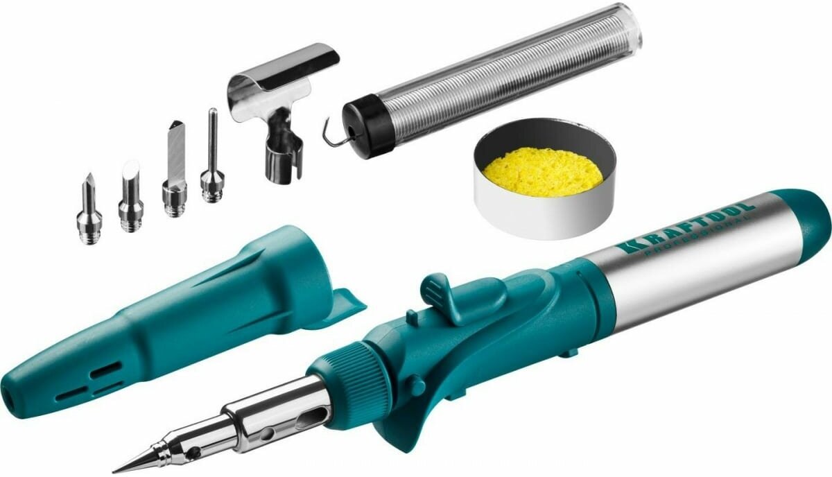 KRAFTOOL SolderGas, 120 K, 30 - 120 Вт, 1300°С, горелка, фен, пьезоподжиг, набор 10 в 1, газовый паяльник 55503-H10