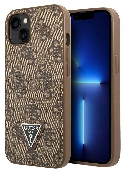 Guess чехол с карманом для карт на iPhone 14, PU кожа 4G Double cardslot Metal triangle logo коричневый