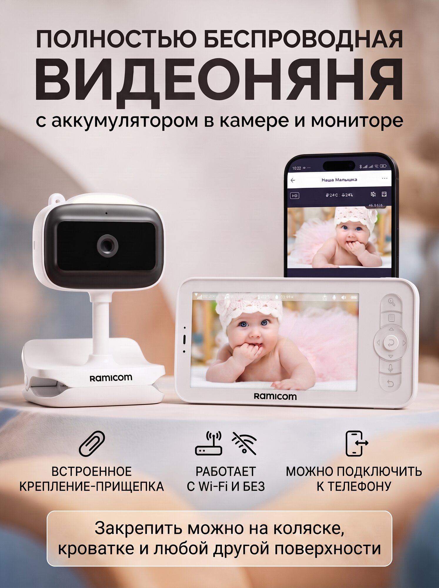 Видеоняня с аккумулятором в камере и мониторе полностью беспроводная Ramicom VRC400
