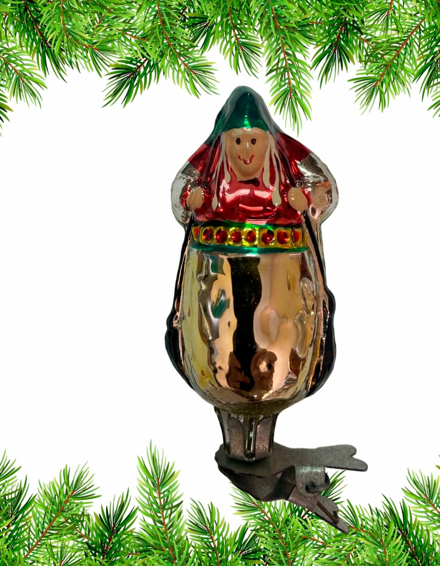 Игрушка на елку Баба Яга в ступе 7см копия 1960