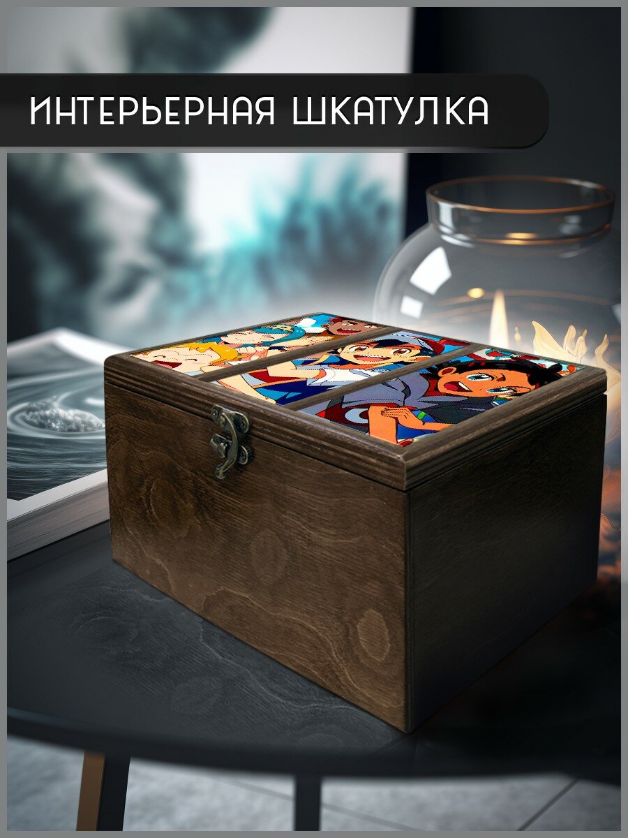 Шкатулка интерьерная "Тройная" для украшений универсальная 22x17x12 см Аниме Pokemon (Покемоны, Пикачу, бульбазавр, Сквиртл, иви) - 906