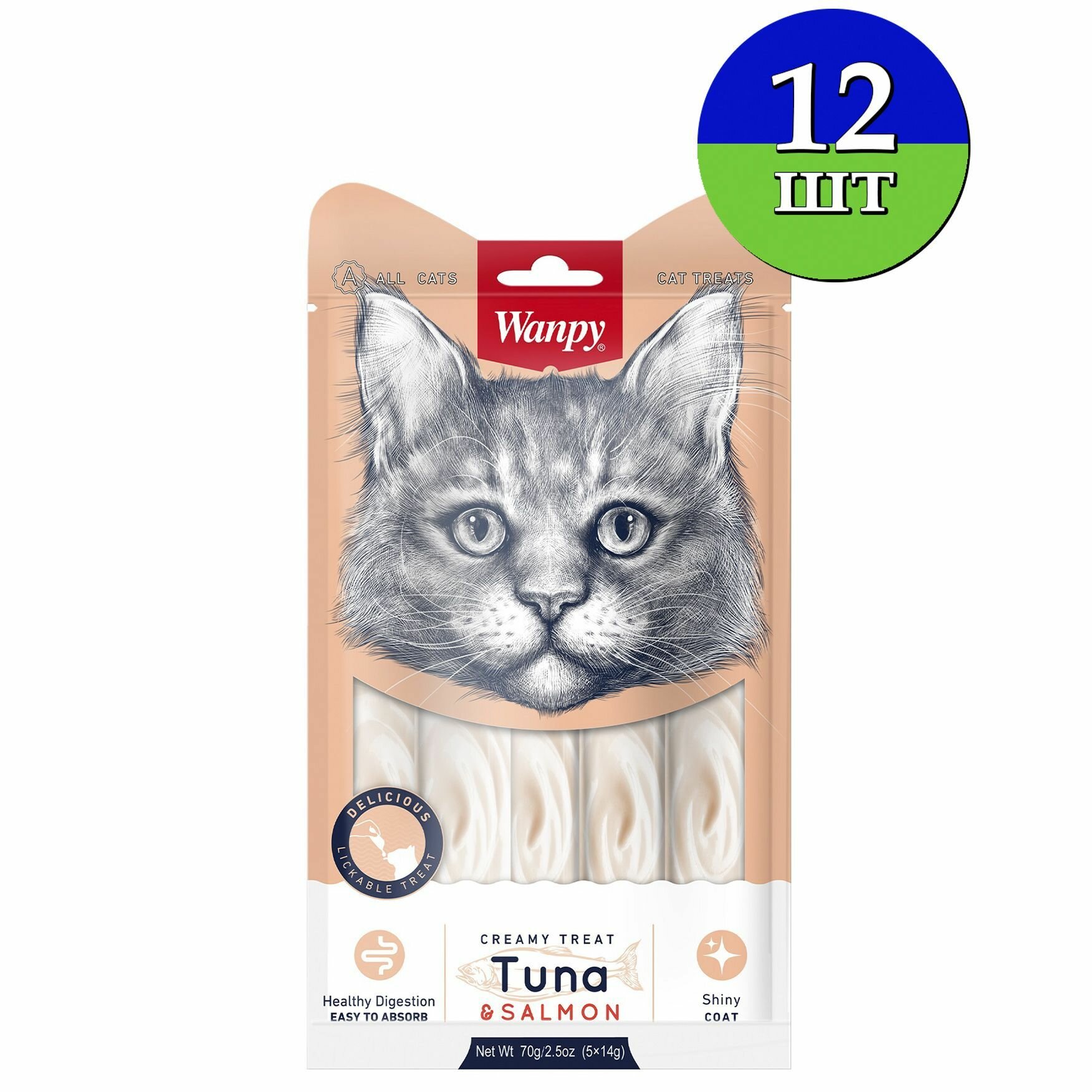 Лакомство для кошек Wanpy Нежное пюре из тунца и лосося, 840 гр (70 гр х 12 шт)