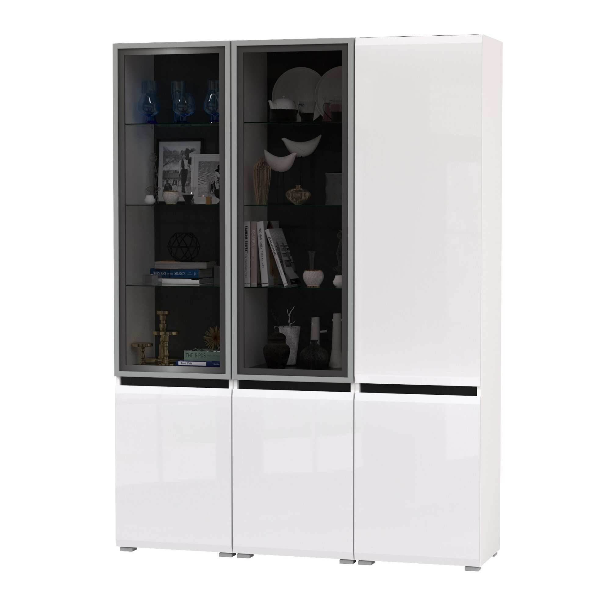 Шкаф с двумя дверками Сидней и два шкаф-витрины, цвет белый глянец/чёрный, 150х41,3х205,2 см.