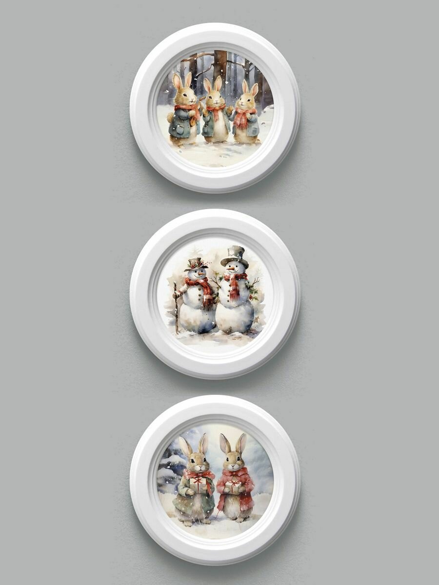 Комплект из 3х мини-картин в деревянной раме "Новогоднее настроение", диаметр 17.5 см