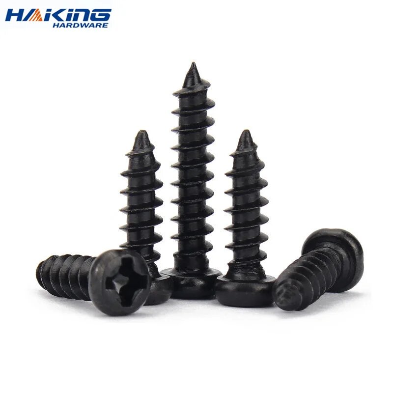 100 pcs/lot Cross Round Head Phillips Self-tapping Screw M1 M1.2 M1.4 M1.5 M1.7 M2 M2.3 M2.6 M3 M3.5 M4 M5 Black Carbon Steel