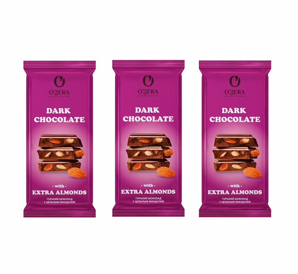 O'Zera Шоколад горький Dark & Extra Almond, 90 гр, 3 уп.