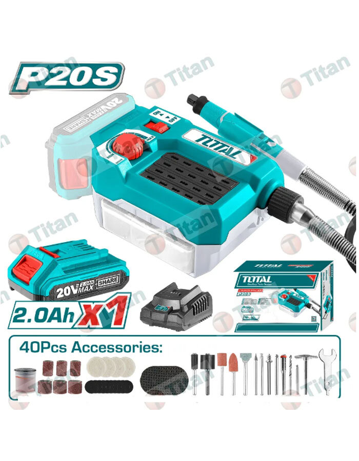 Аккумуляторный гравер Li-Ion 20V, скорость без нагрузки: 8000-33000 об/мин с аксессуарами TOTAL TMGLI20011