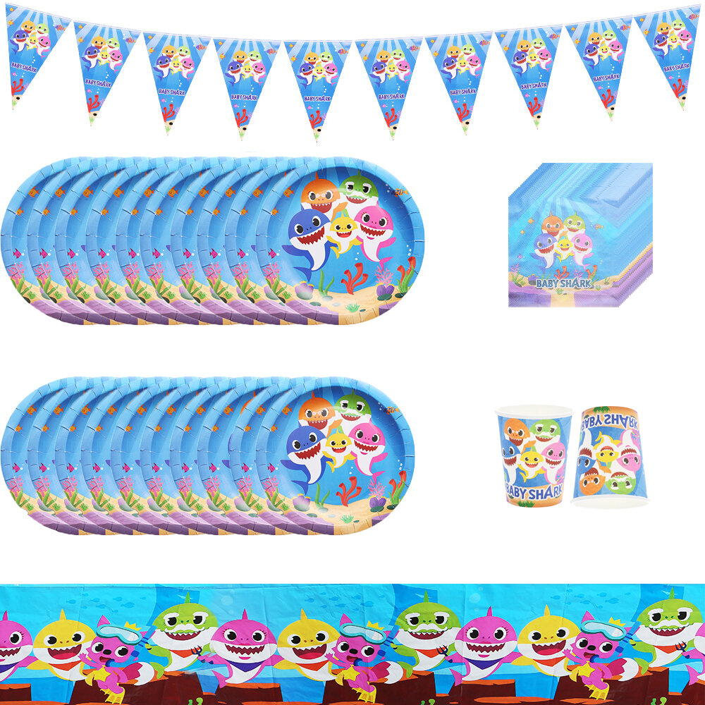 52шт Набор Посуды Baby Shark Включает В Себя Скатерть Вымпел Тарелки Чашки Салфетки