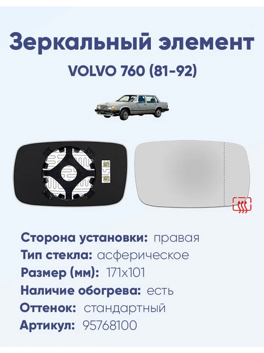 Зеркальный элемент правый VOLVO 760 (81-92) асферика нейтральный с обогревом