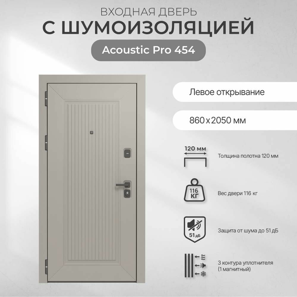 Входная дверь металлическая BERSERKER Acoustic PRO 454 Ясень Грей Софт/Софт Белый 860x2050 Левое