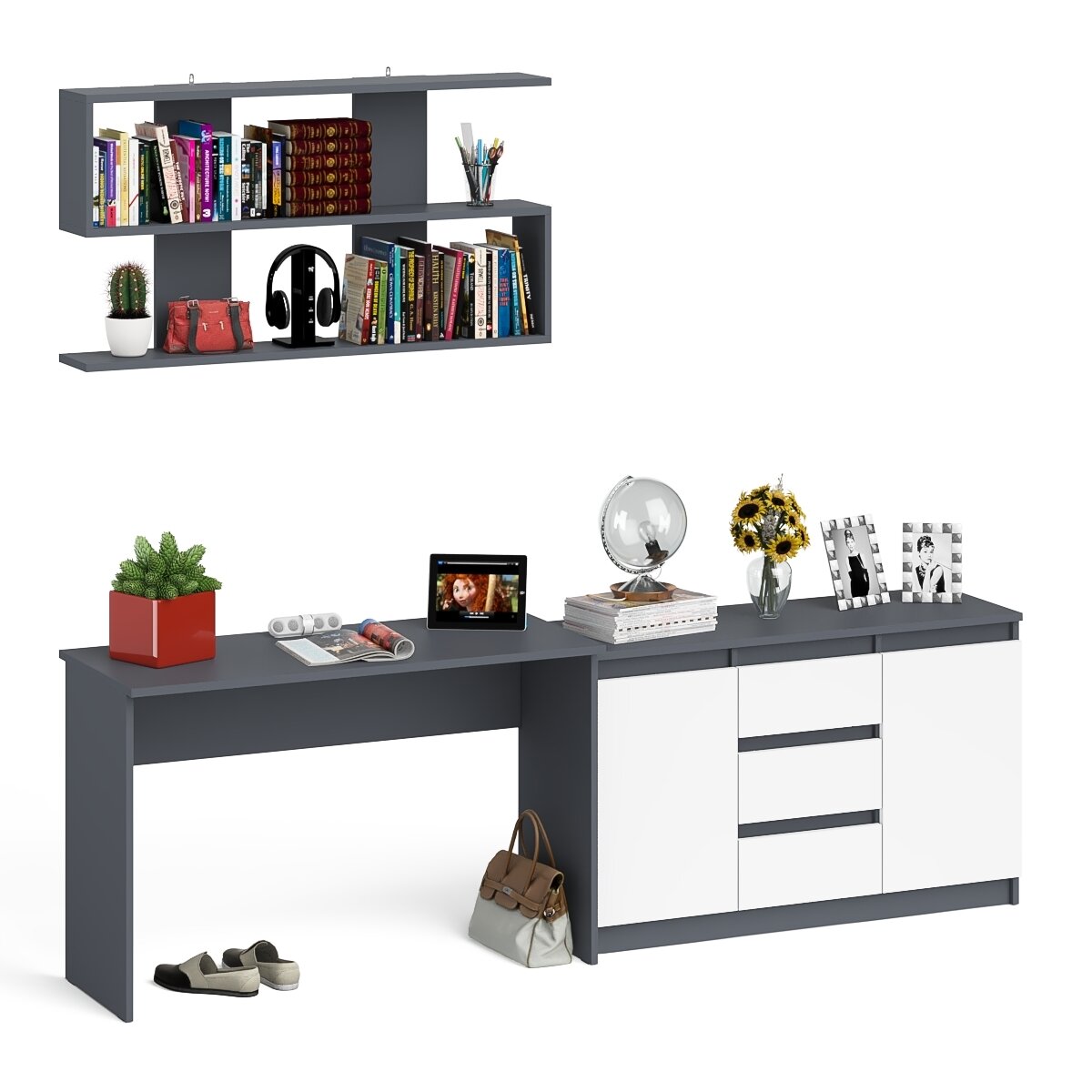 Стол письменный Мори МСП1200.1 + Комод МК1200.3 + Полка 1200, цвет графит/белый