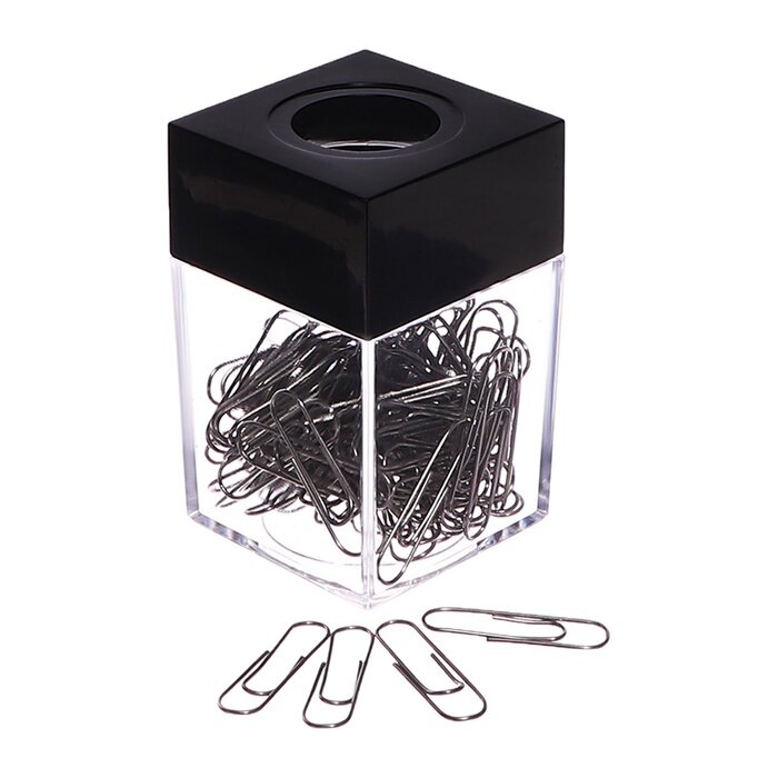 Скрепочница квадратная с магнитом прозрачная пластик, скрепки 28 мм-100 штук