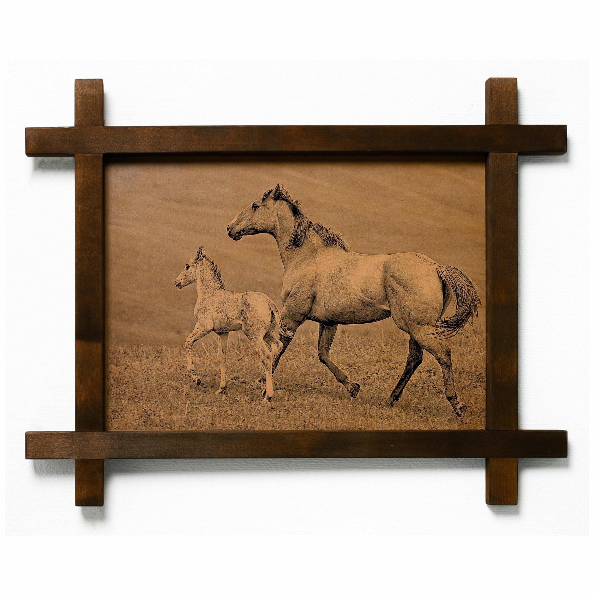 Картина интерьерная, натуральная кожа, "Лошади скачут", в деревянной раме, BoomGift