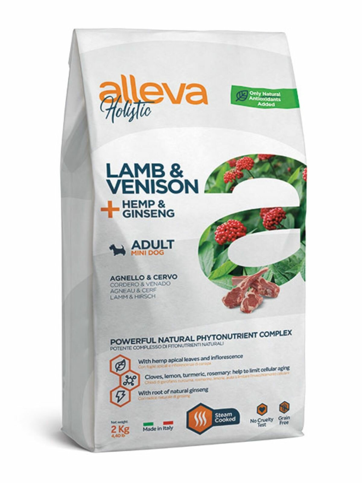 ALLEVA Holistic Adult Mini Сухой корм для взрослых собак мелких пород, с ягненком, олениной, коноплей и женьшенем - 2 кг