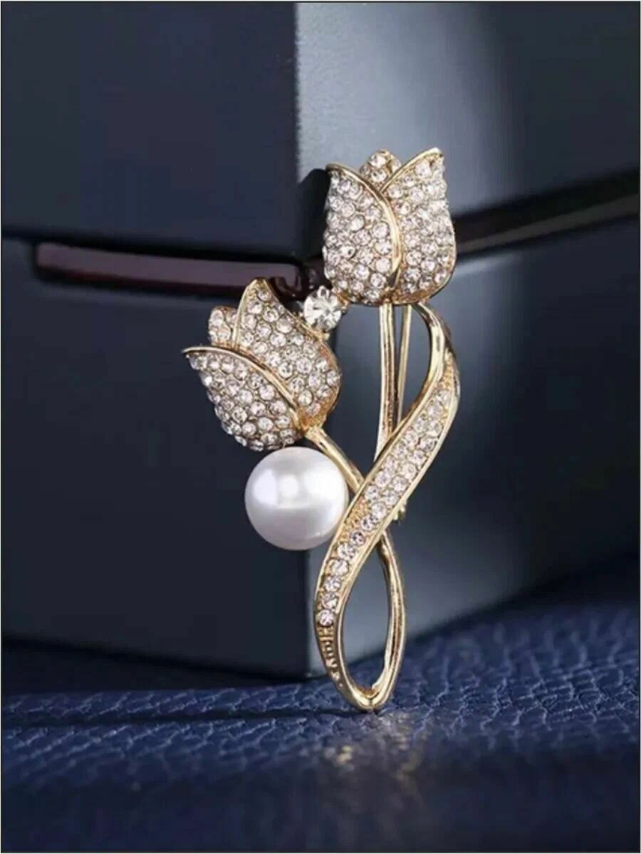 Брошь, жемчуг имитация, стразы